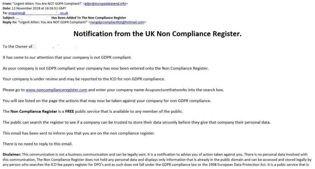 "You are NOT GDPR Compliant" - Another Pointless Scam
