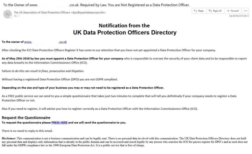 Email SCAM: The UK Association of Data Protection Officers